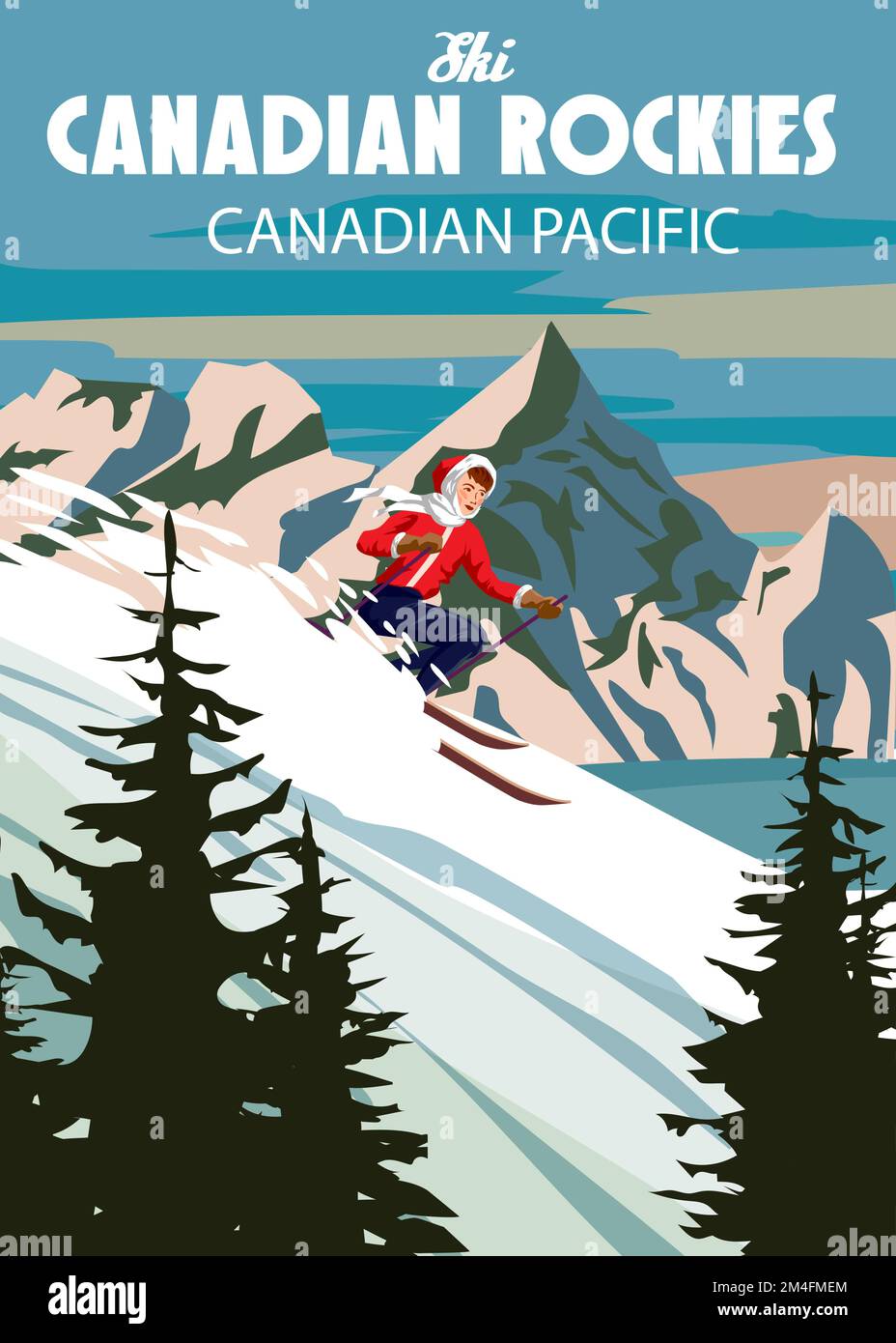 Travel poster Canadian Rockies Ski resort vintage. Canada winter ...