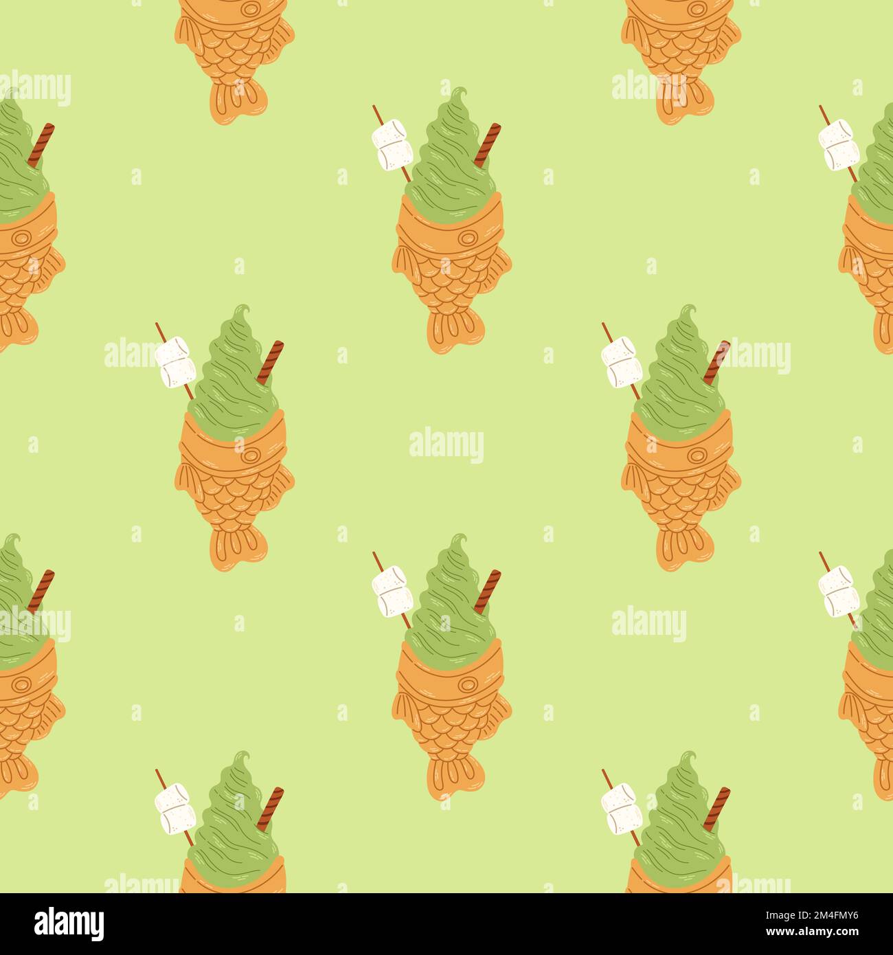 Matcha ice cream seamless pattern on green matcha background, vector ...