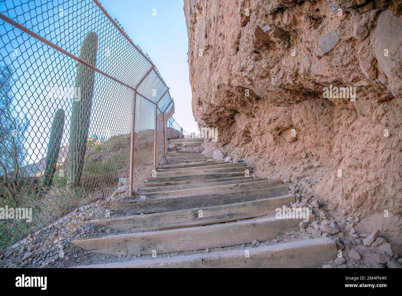 Phoenix, Arizona- Manmade wooden steps on a mountainside hiking trail ...
