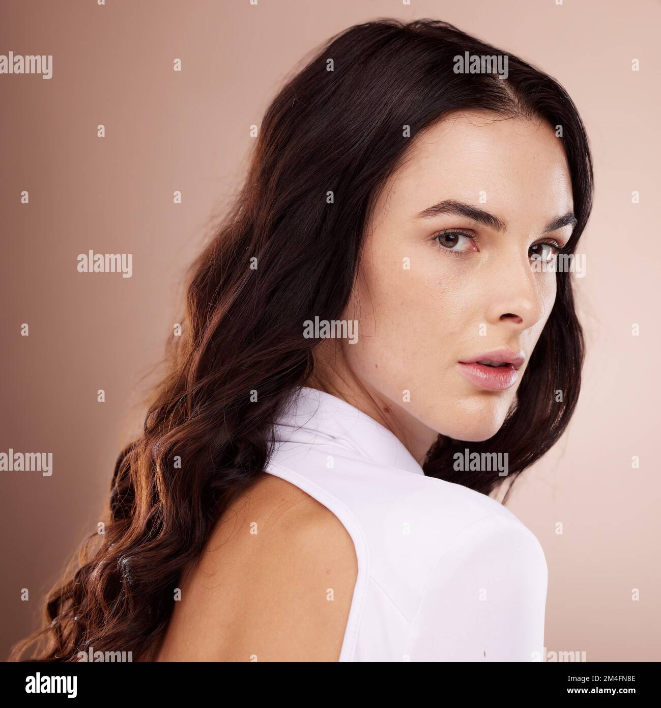 Woman, hair care and beauty wellness portrait in studio for luxury ...