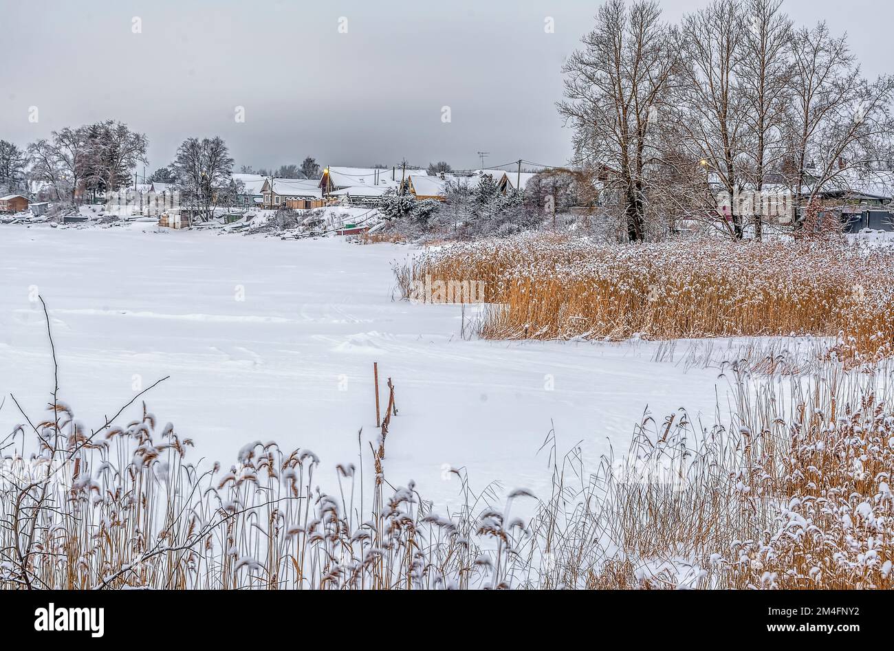 Houses on the shore of a reservoir in a winter day Stock Photo - Alamy