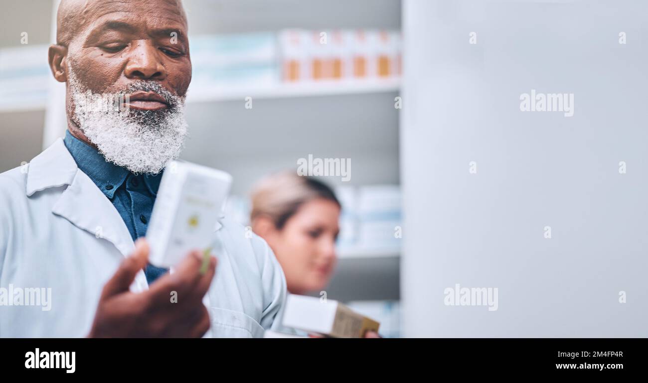 Pharmacy, black man and hand of pharmacist with medicine box mock up ...