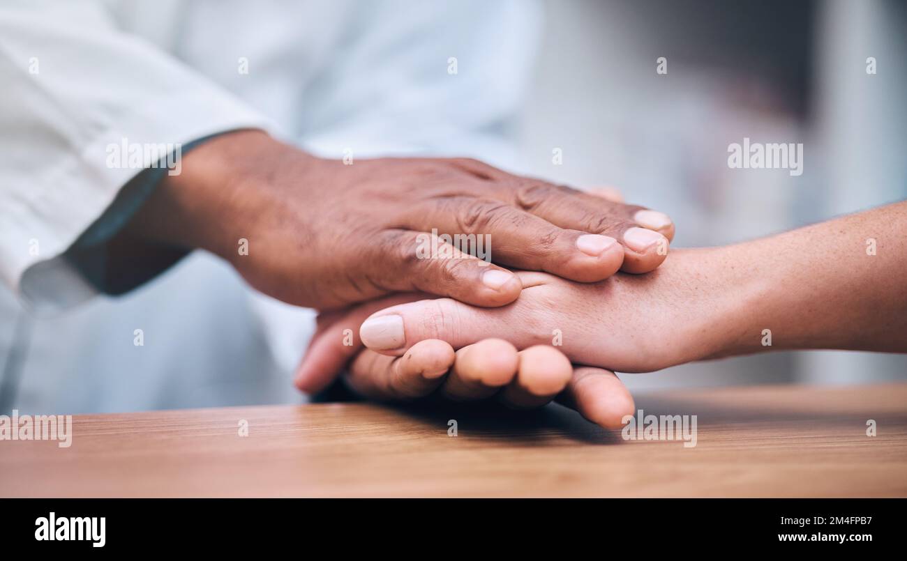 Hospital, support or doctor holding hands with patient and consulting ...