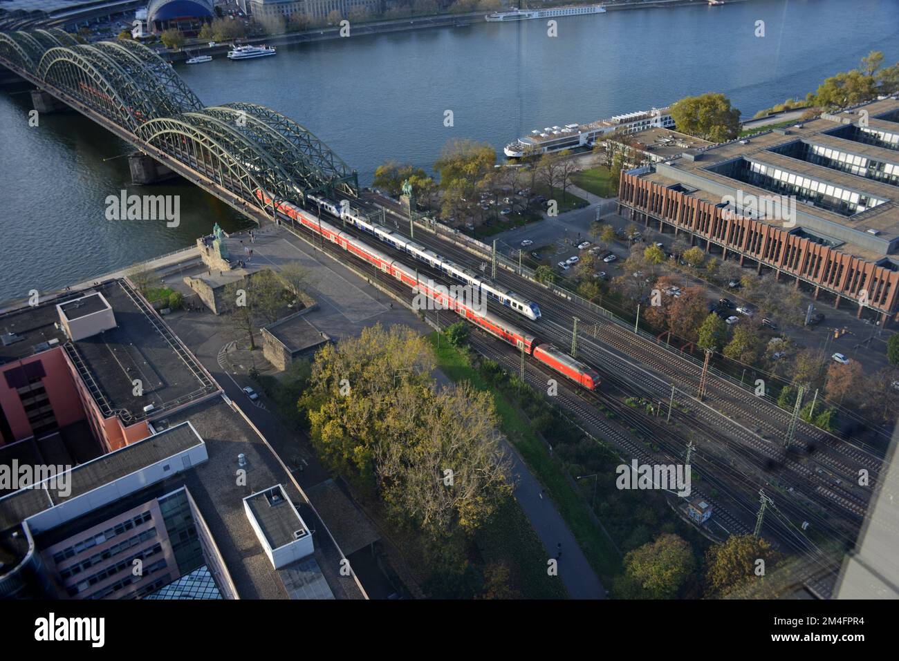An aerial view of the Hohenzollern Bridge, River Rhine and Deutsche ...
