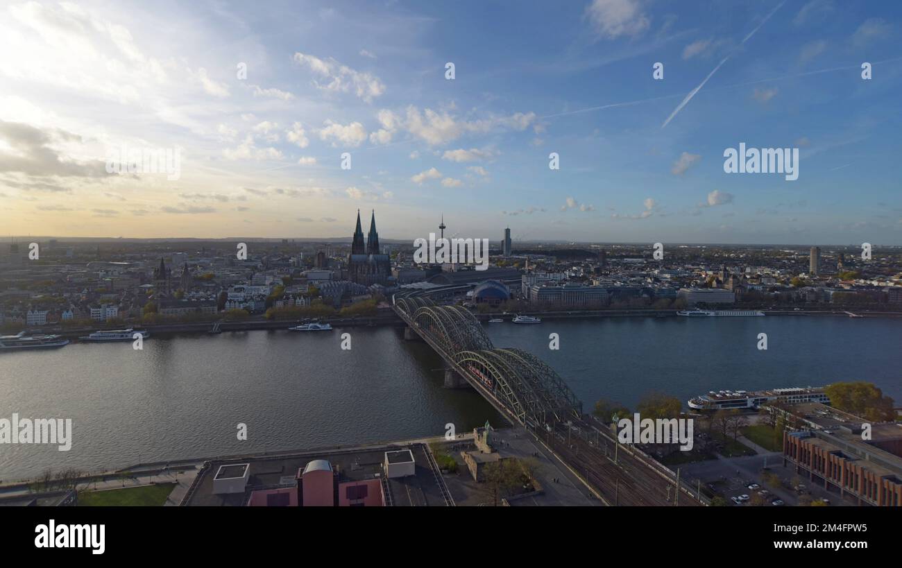 An aerial view of the Hohenzollern Bridge, River Rhine and entrance to ...