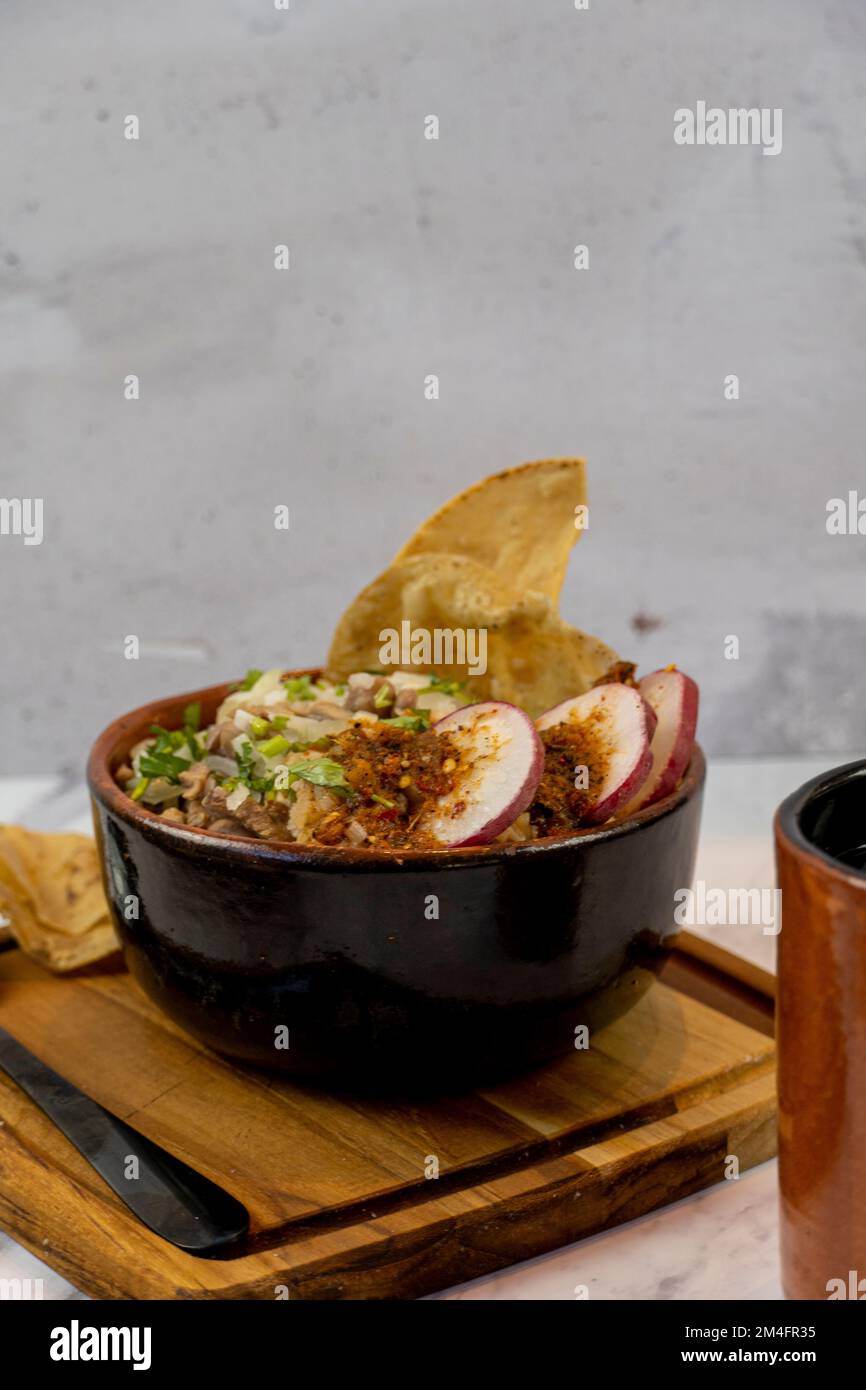 tostadas carne typical mexican food, wooden plate and wooden bottom ...