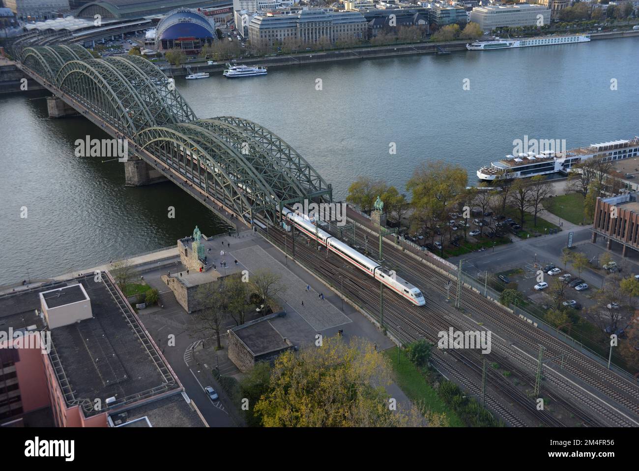An aerial view of the Hohenzollern Bridge, River Rhine and entrance to ...