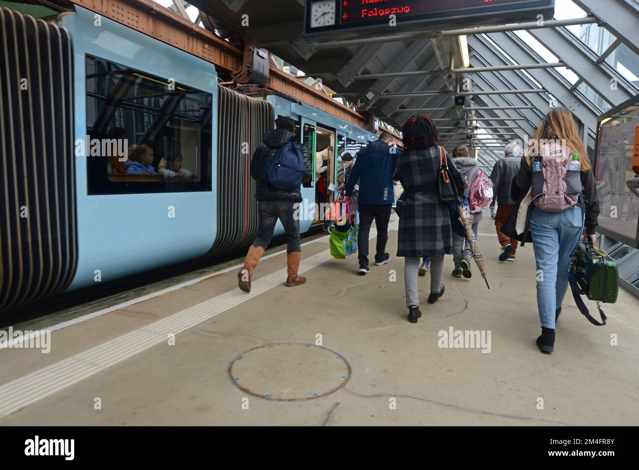 The unusual hanging monorail train knwn as the Schwebebahn, in ...