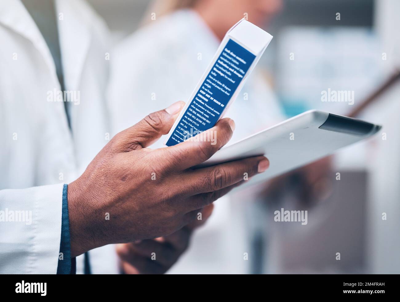 Healthcare, hands and pharmacist with tablet and medicine checking ...