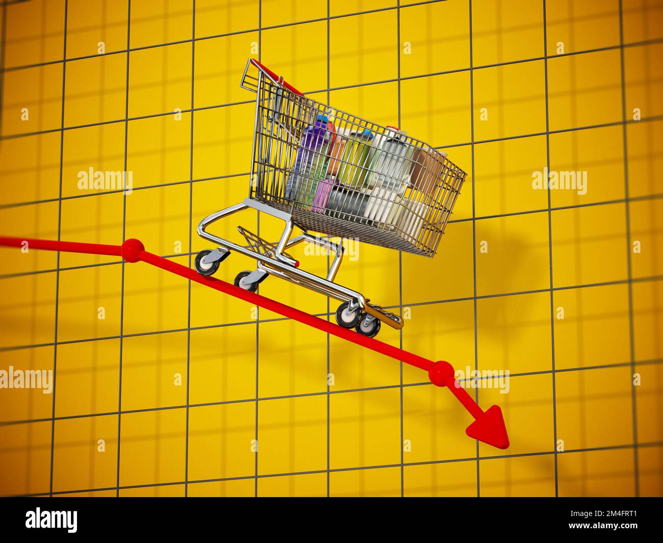Shopping cart with supermarket products falling down the decreasing ...