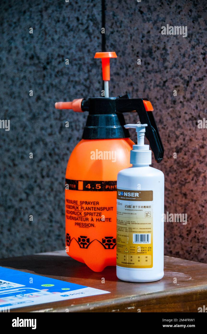 Medical disinfectant and sprayer on a table in the Laoximen area of ...