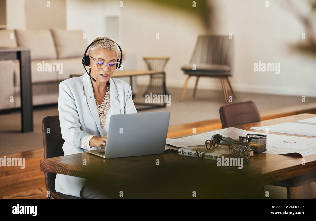 Consulting, laptop and microphone with business woman in office for ...