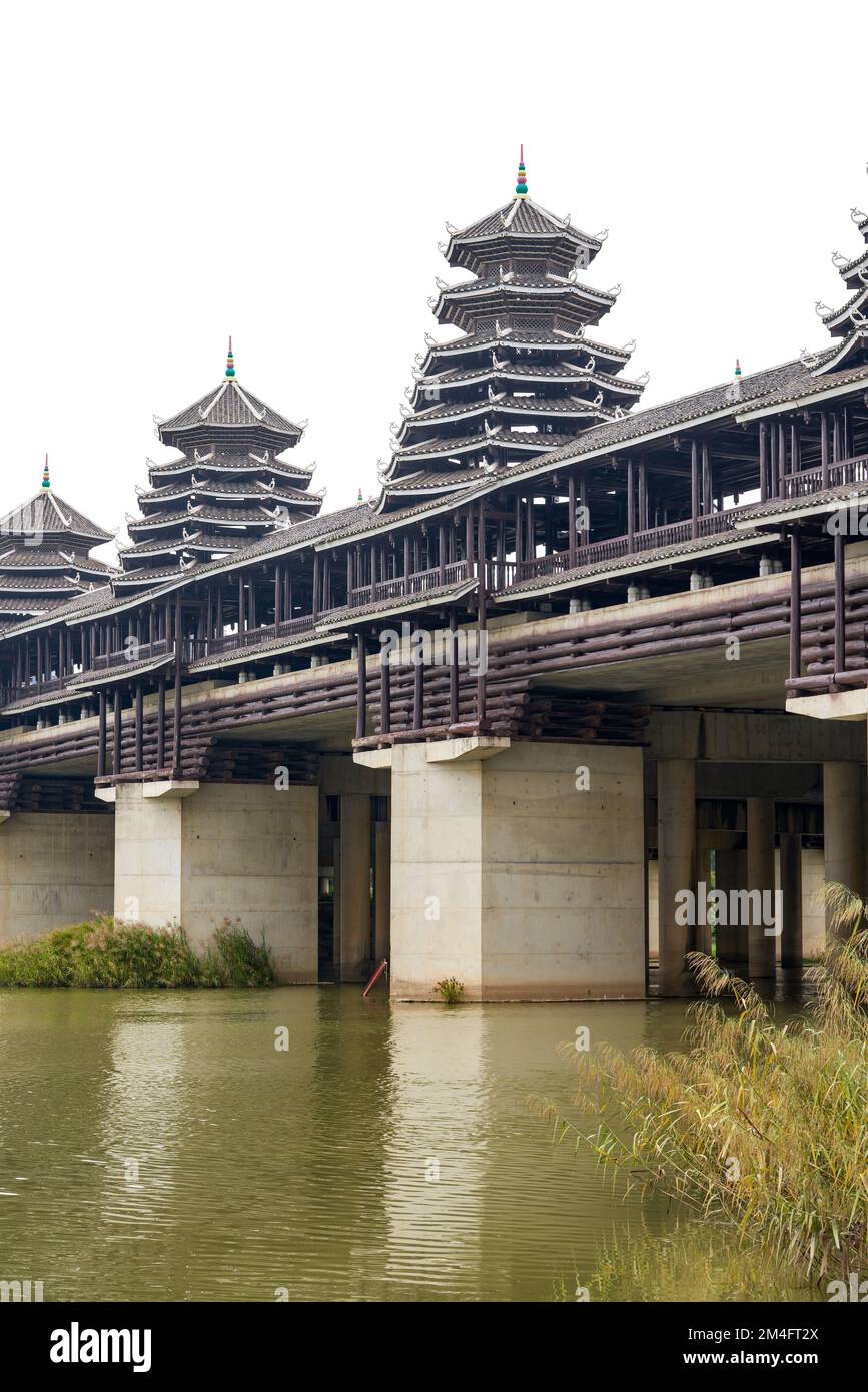 Close-up of Wind and Rain Bridge, a traditional wooden building in ...