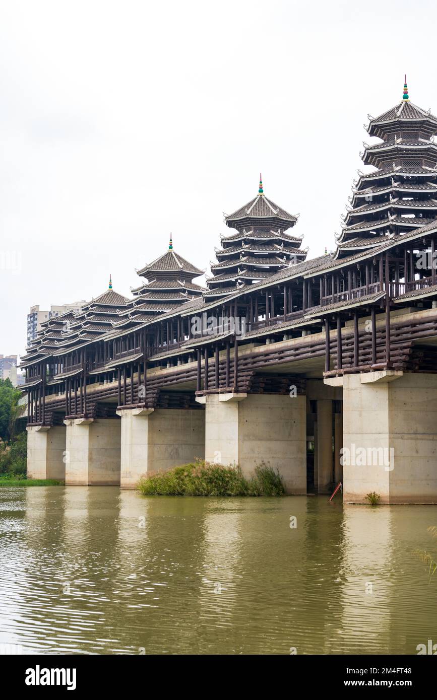 Close-up of Wind and Rain Bridge, a traditional wooden building in ...