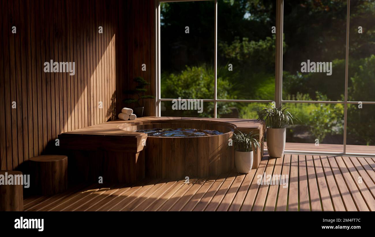 Beautiful and luxury Onsen spa room in Japanese style with wood bath ...