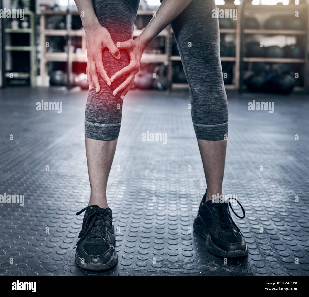 Fitness, sports and injury, woman with knee pain at gym workout ...