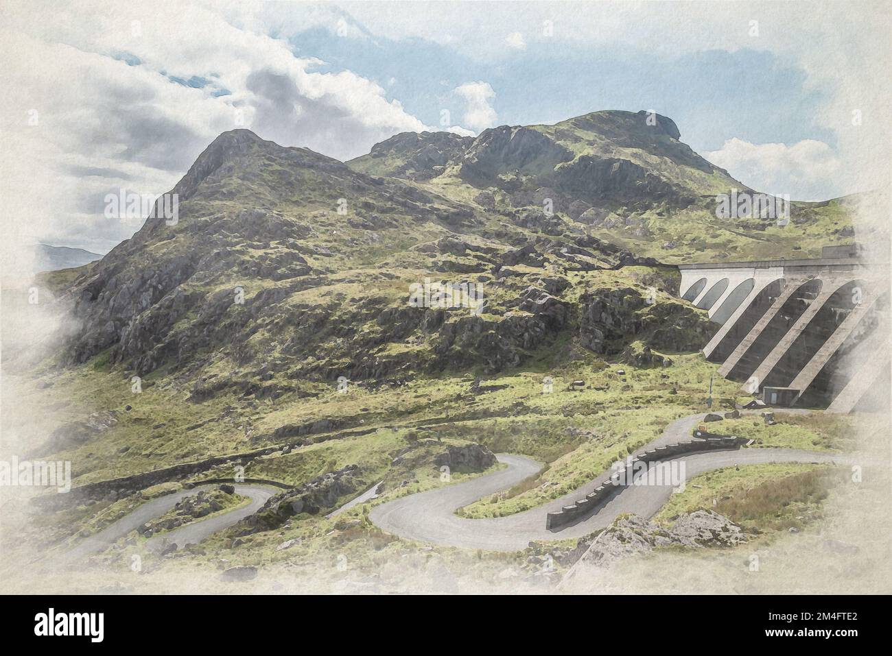 Snowdonia digital watercolor painting of Stwlan Dam and the Moelwyn mountains, Blaenau ...