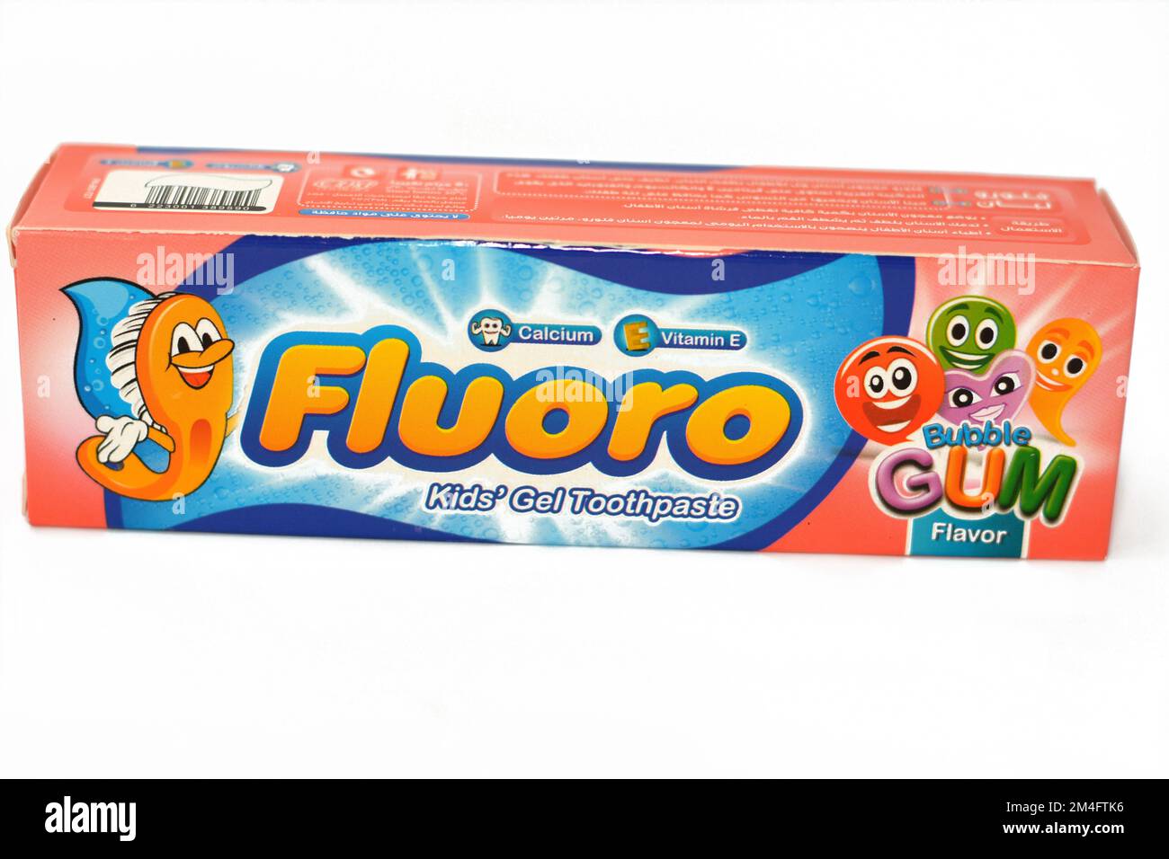 Cairo, Egypt, December 11 2022: Fluoro Kids' gel toothpaste with bubble gum flavor, Calcium and ...