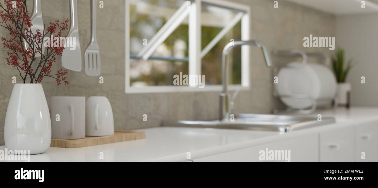 close-up image, Modern contemporary white kitchen counter against the ...