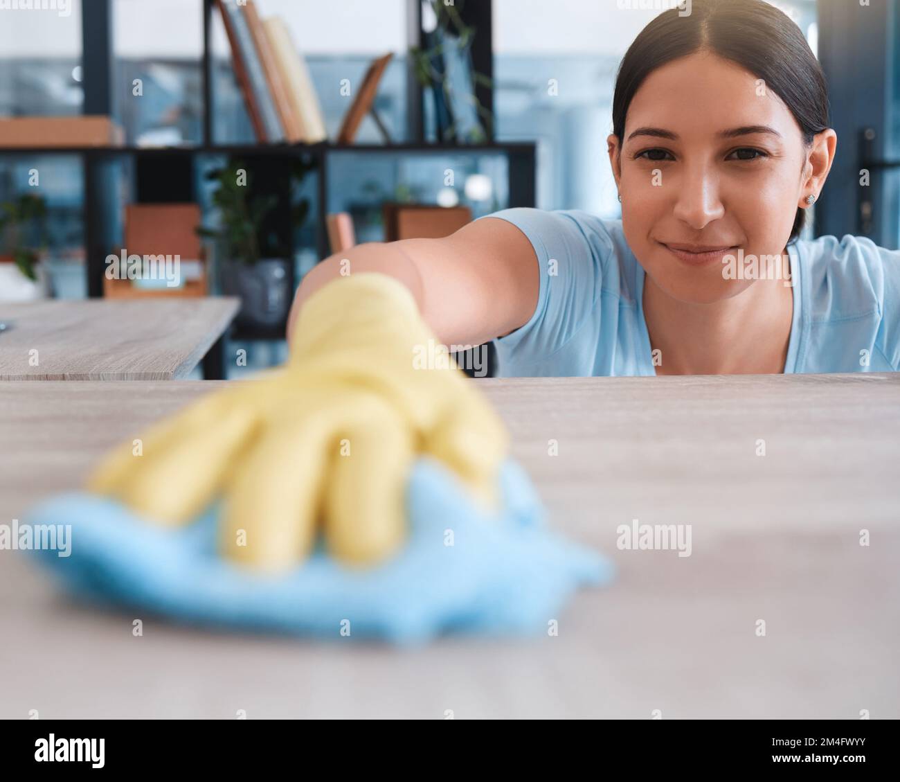 Happy, fabric and woman cleaning table furniture for hygiene, sanitary ...