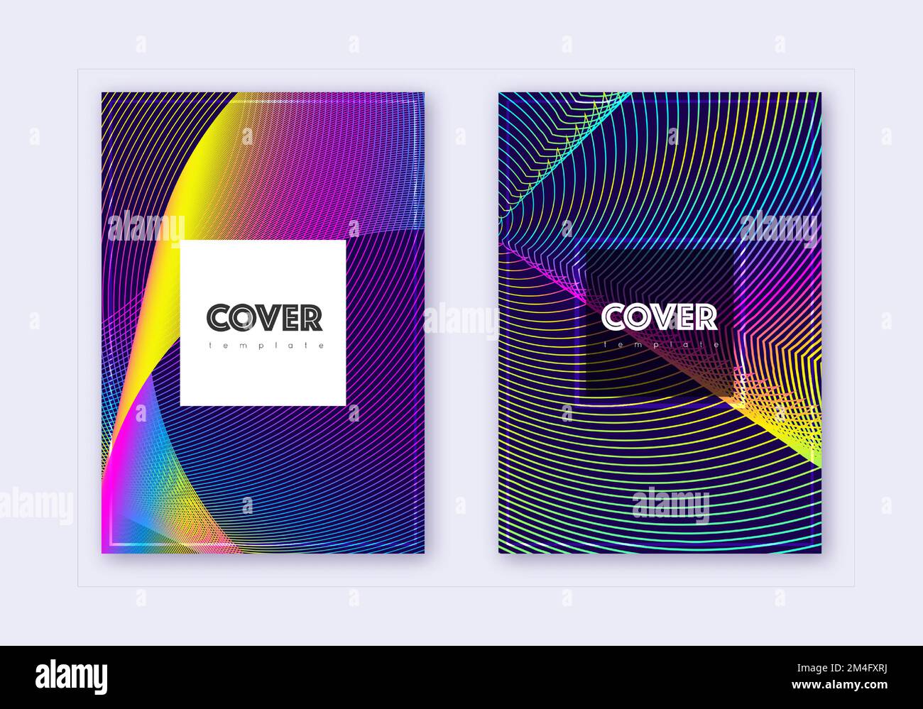 Hipster cover design template set. Rainbow abstract lines on dark blue ...