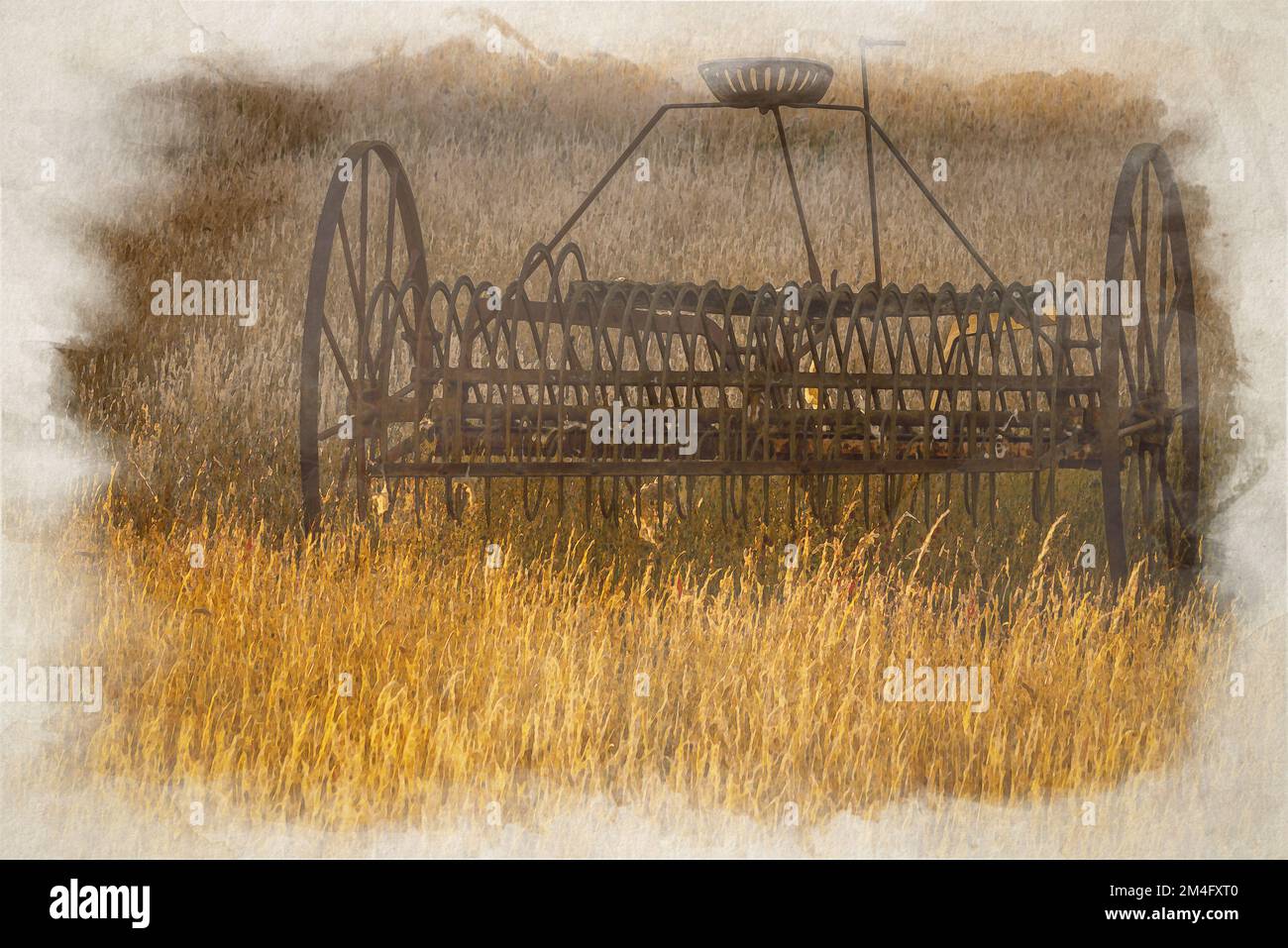 A digital watercolor rural landscape painting of an antique hay rake in ...