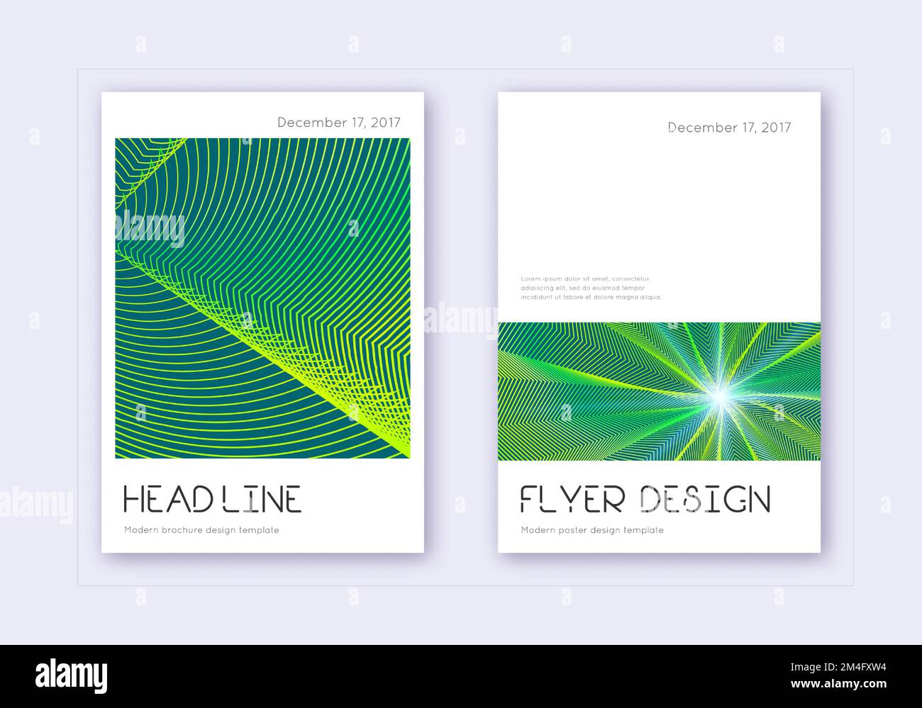 Minimal cover design template set. Green abstract lines on dark ...