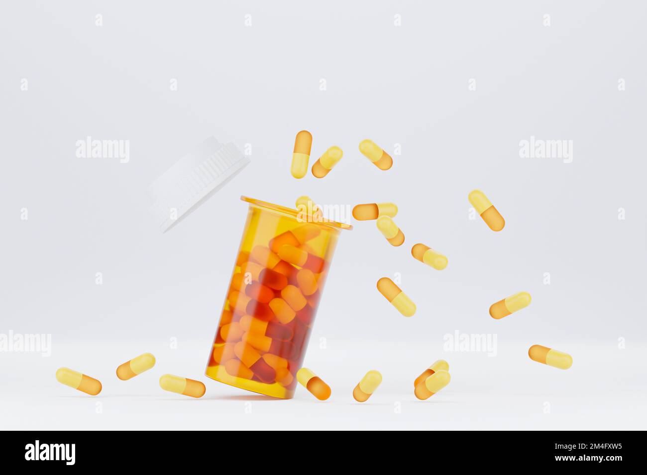 Antidepressant drugs fly away from plastic jar. 3d rendering Stock ...