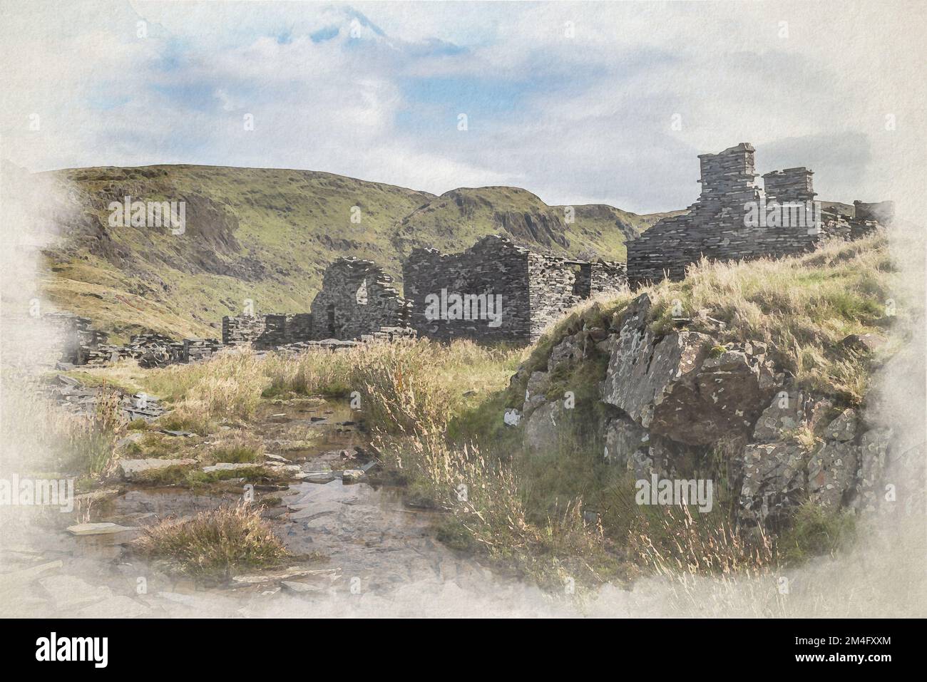 Digital watercolor painting of the abandoned Cwmorthin Slate Quarry at ...