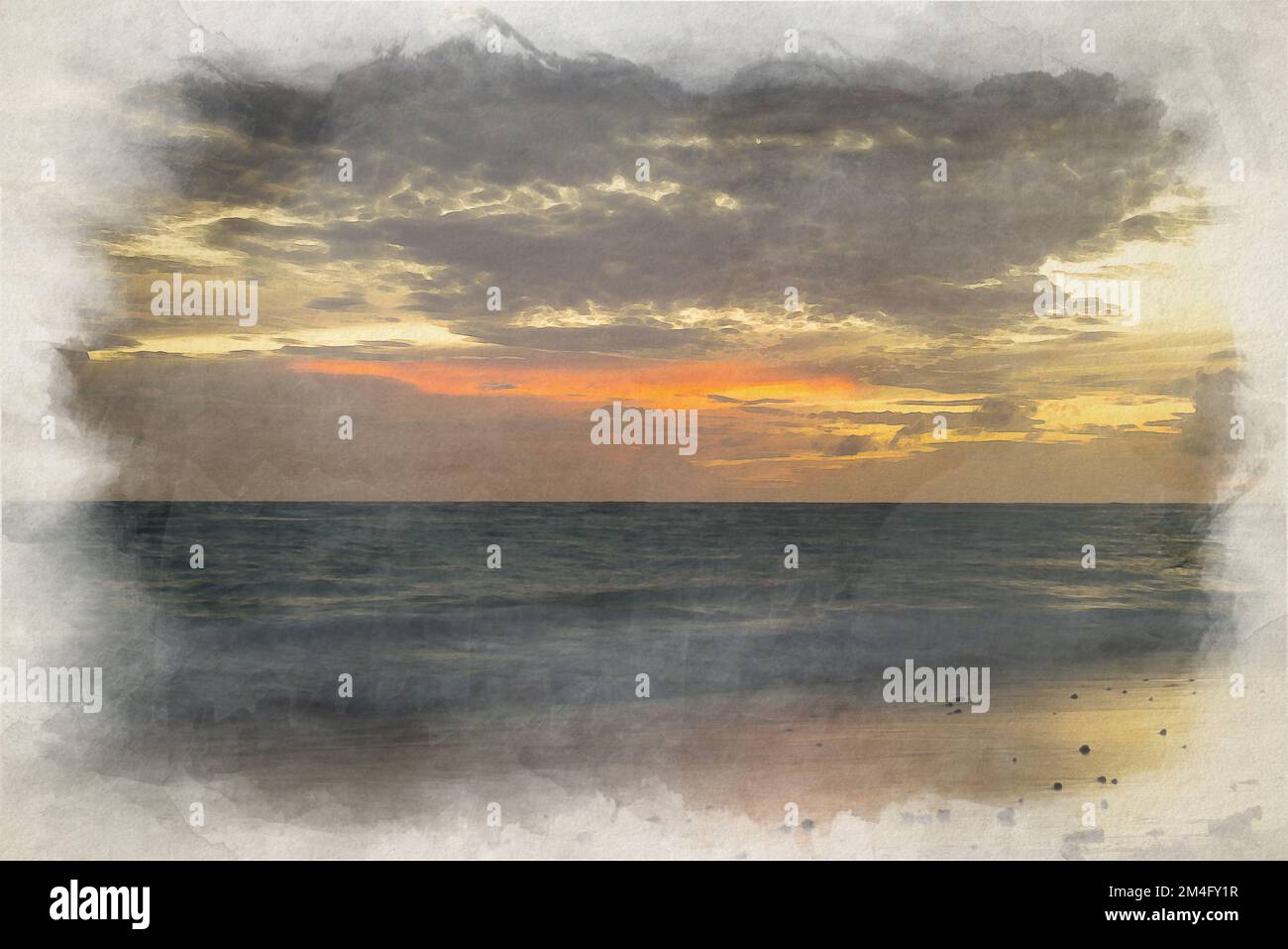 A digital watercolor painting of the sea at blue hour, as dawn starts ...