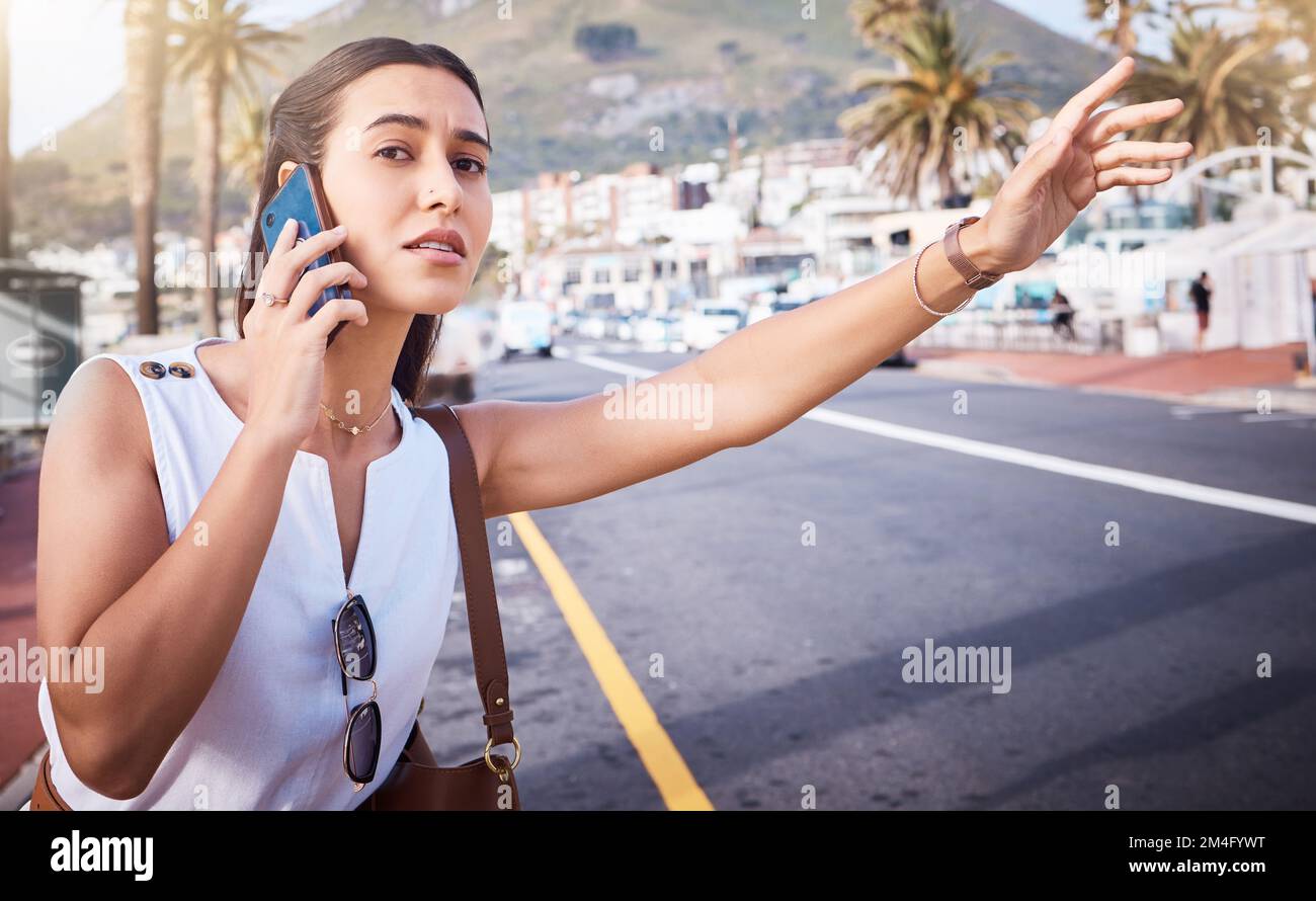 Phone call, taxi or woman on a road in a city for traveling in Miami ...