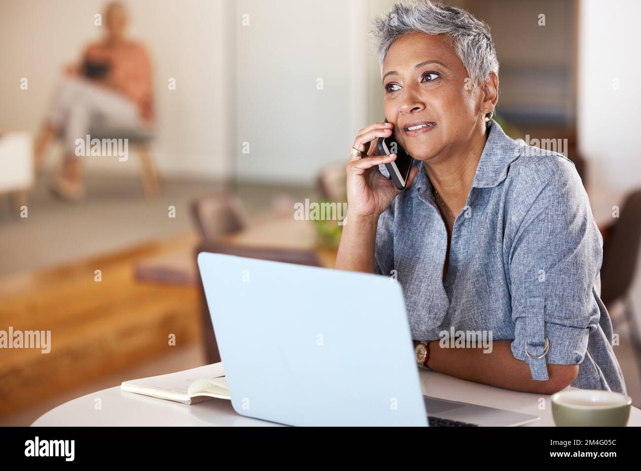 Communication, phone call and coffee, mature woman with phone and ...