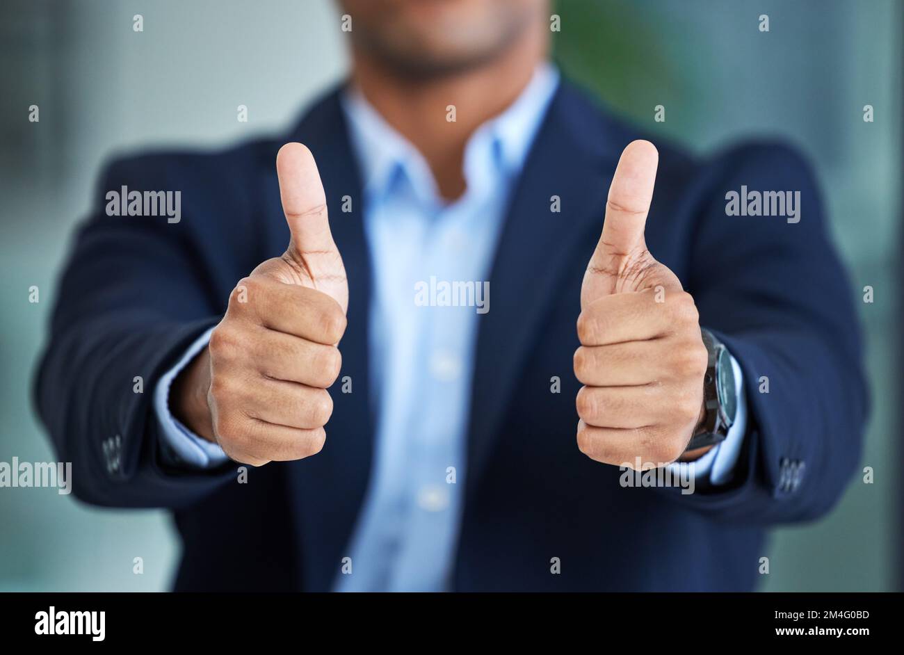 Success, feedback or hands of businessman with thumbs up for agreement, praise or kpi goals ...
