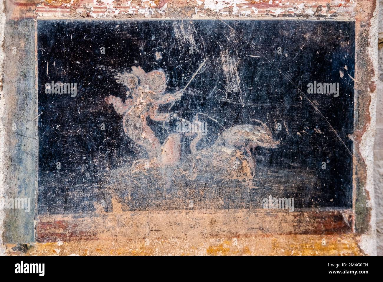 Winged Amorino leads a fish-drawn chariot, a figure of divinity of ...