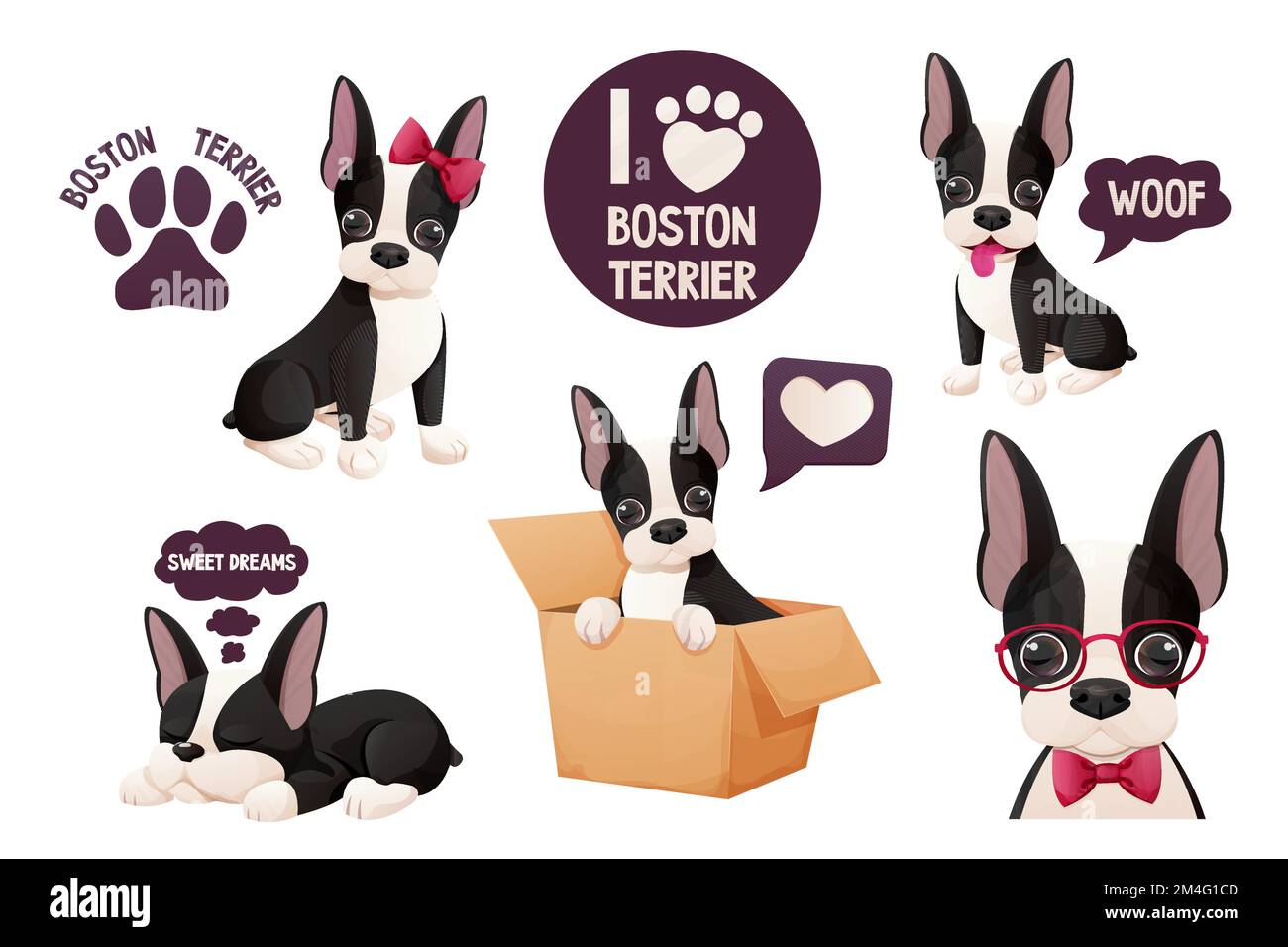 Set Cute Boston terrier stickers, cool sweet puppy in cartoon style ...