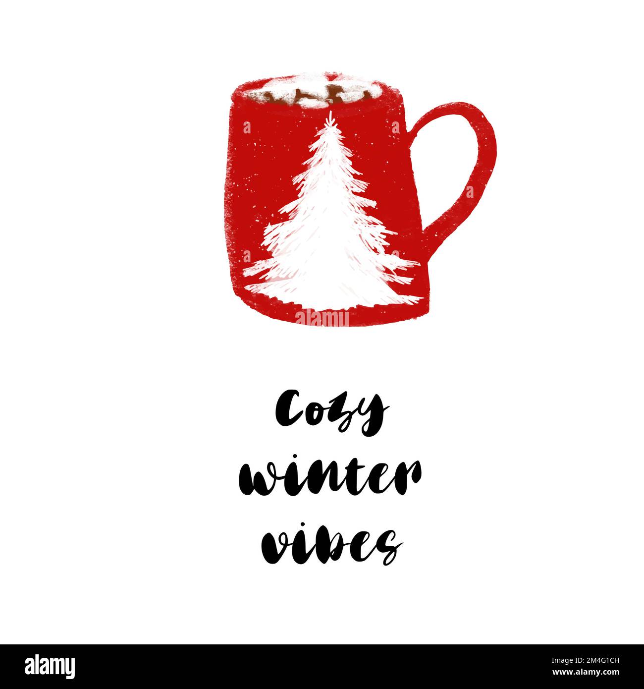 Cozy winter vibes text with cup cocoa with marshmallows illustration ...