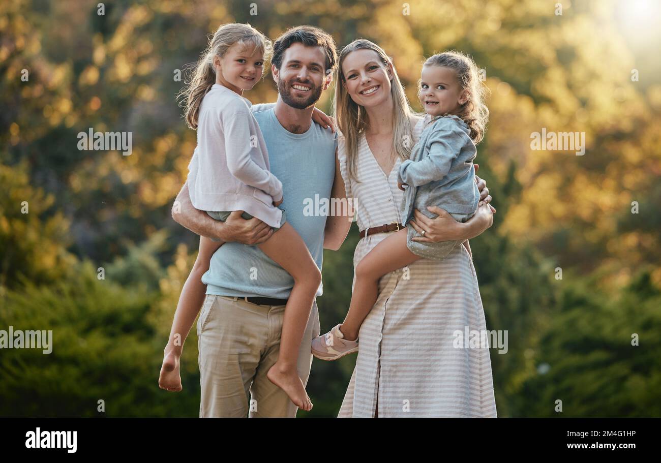Family, park and portrait of parents with kids enjoying summer holiday ...