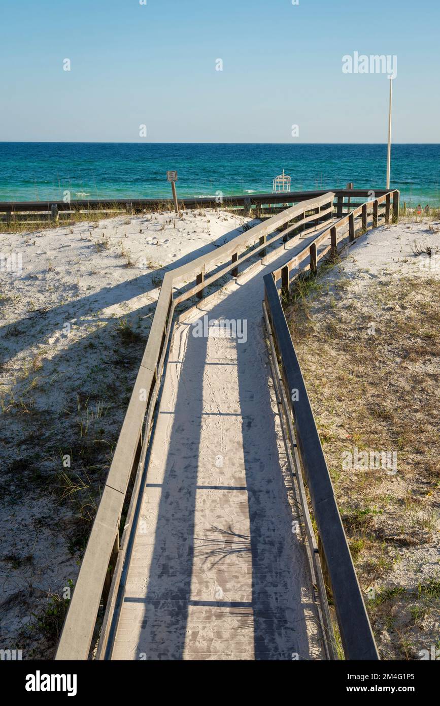 Top view of a board walk over the white sand with grass heading to the ...