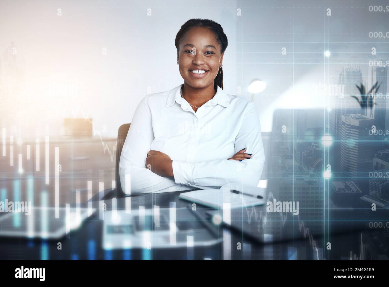 Stock market overlay, business woman portrait and fintech chart graphic ...