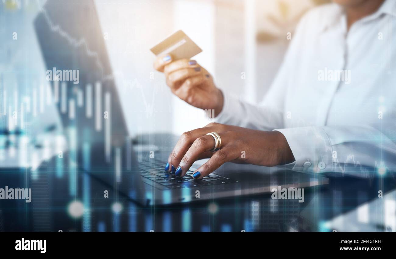 Credit card, laptop or hands typing on stock market or cryptocurrency ...
