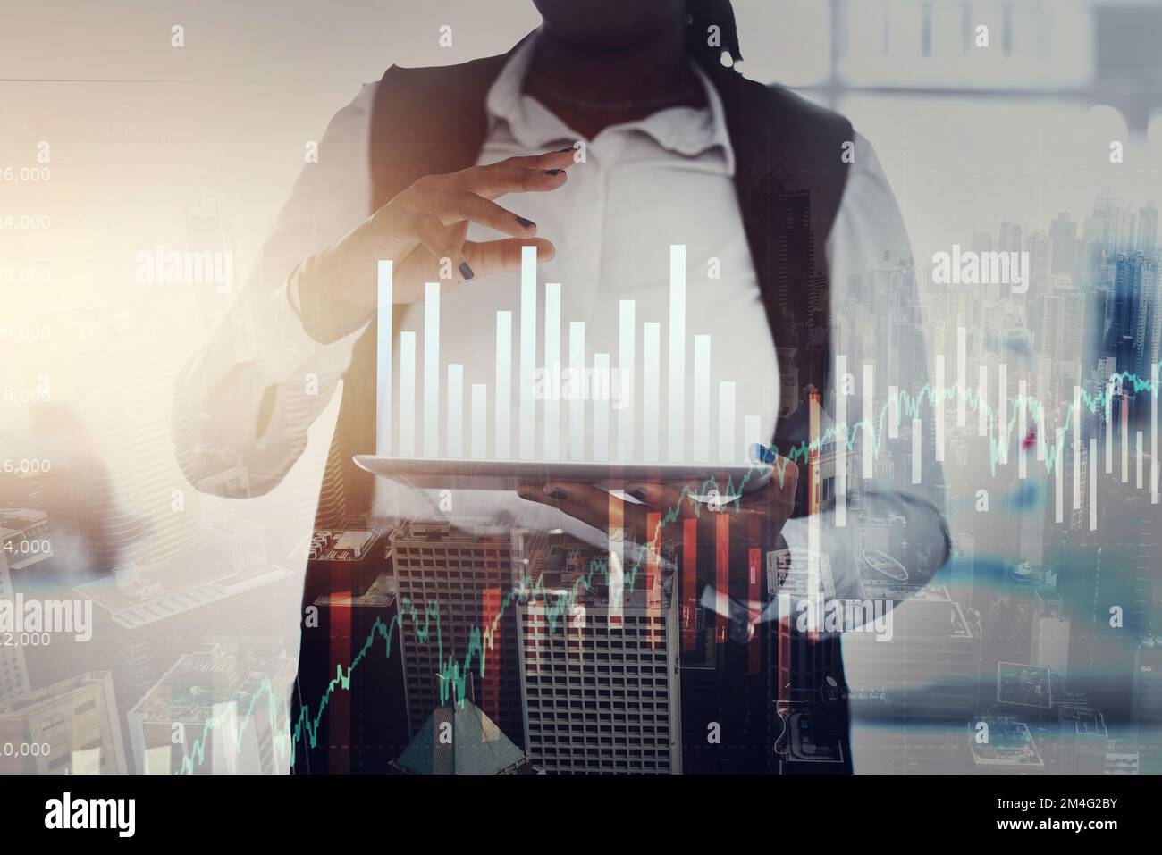 Tablet, overlay and hands trading on stock market chart for financial ...