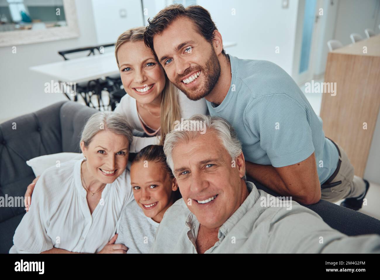 Family, selfie and grandparents with girl, parents and smile for ...