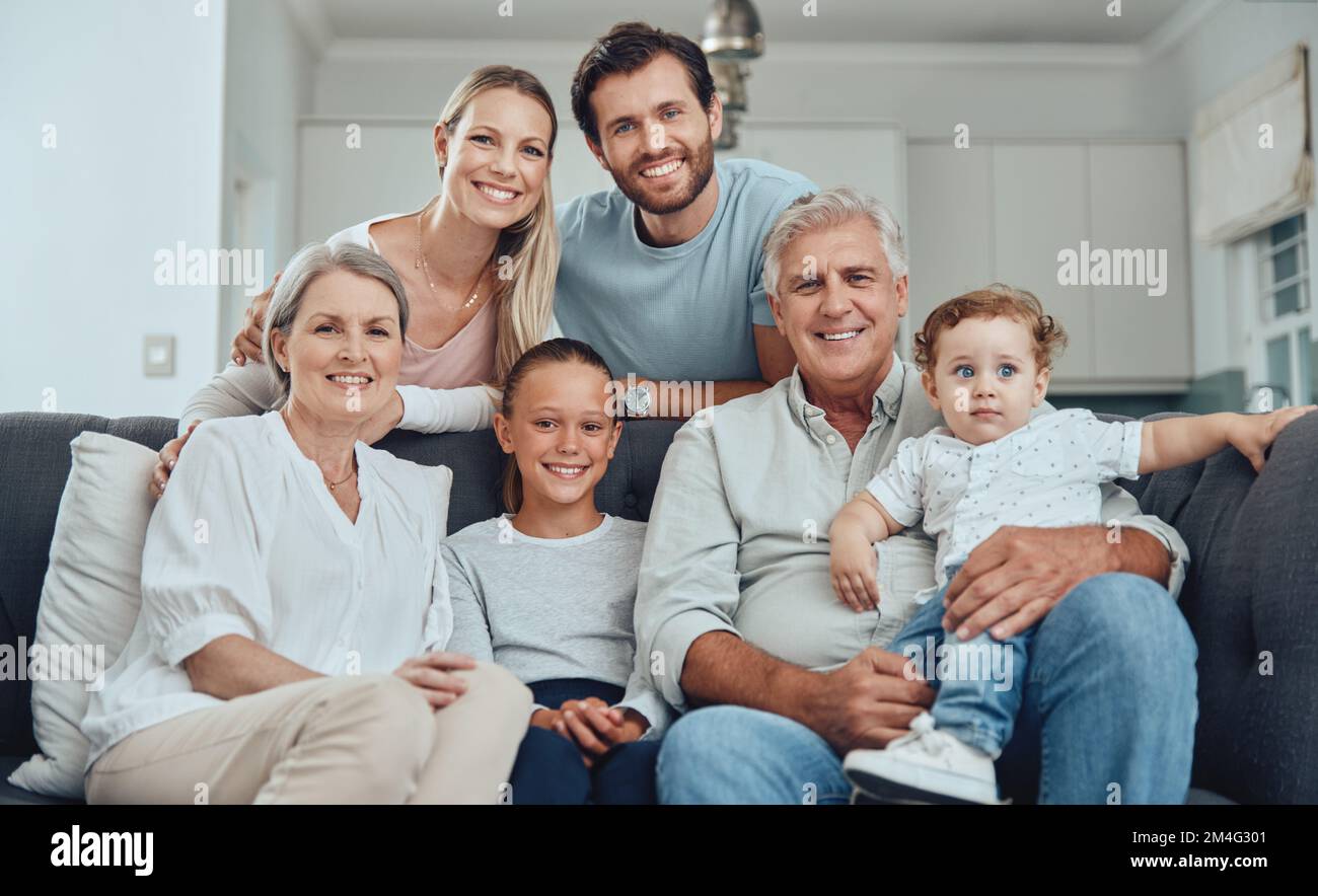 Relax, portrait or happy big family love enjoying quality bonding time ...