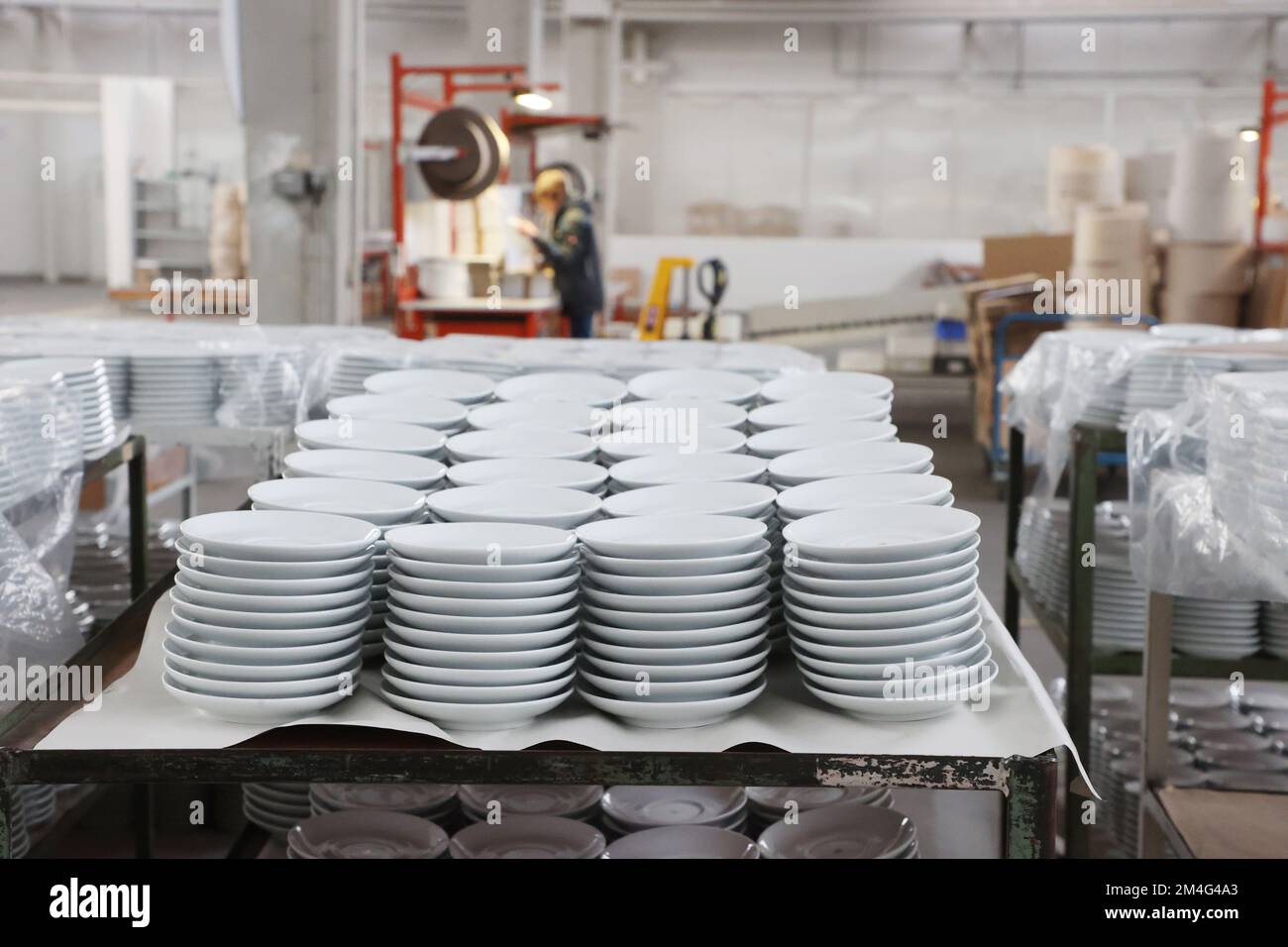 Kahla, Germany. 21st Dec, 2022. Plates stand on a pallet in a hall at ...