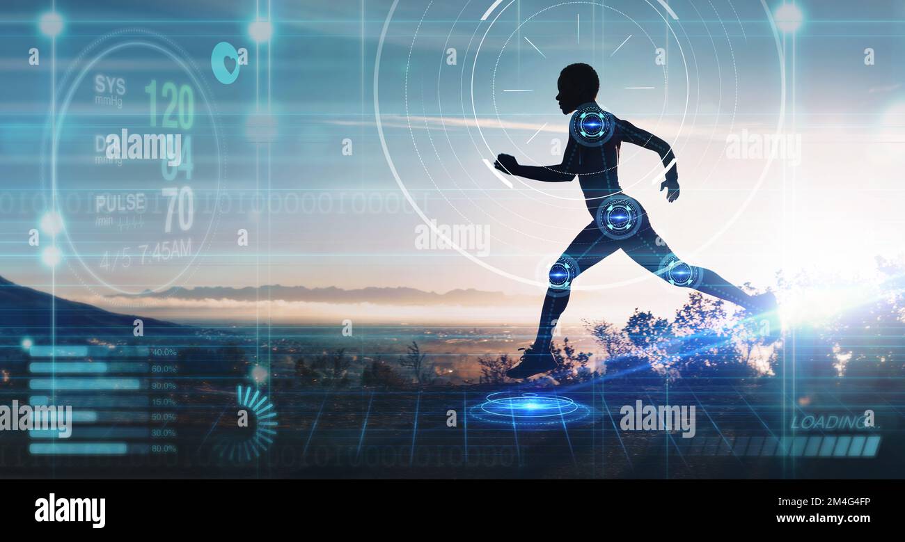 Hologram, athlete and running for wellness, exercise for healthy ...