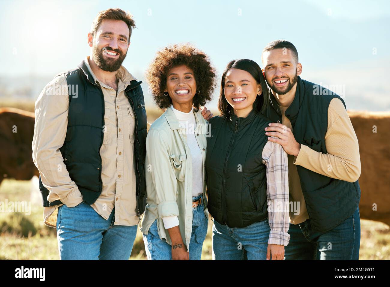 People, cow farm and portrait of couple of friends on countryside ...