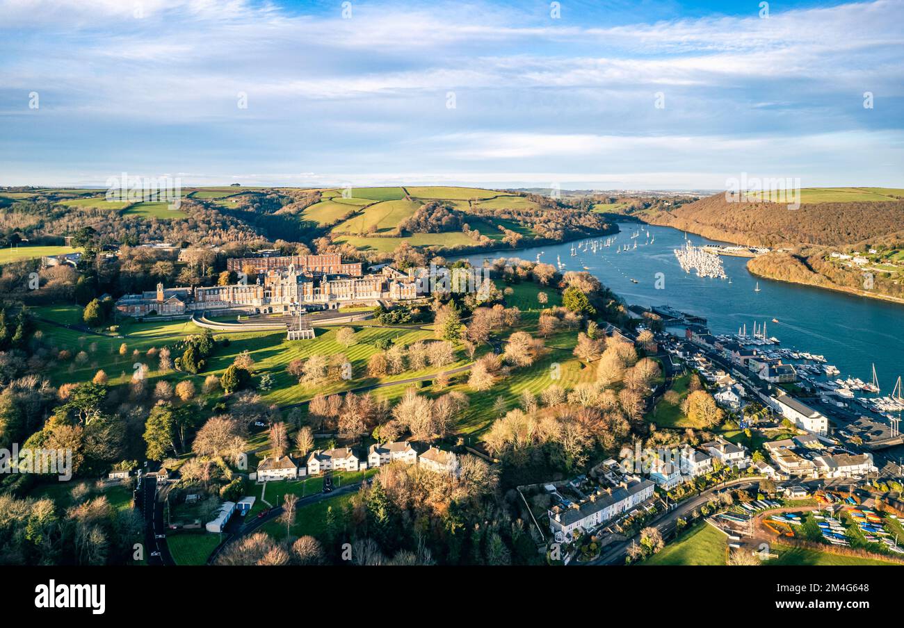 Britannia Royal Naval College in Dartmouth and River Dart from a drone ...