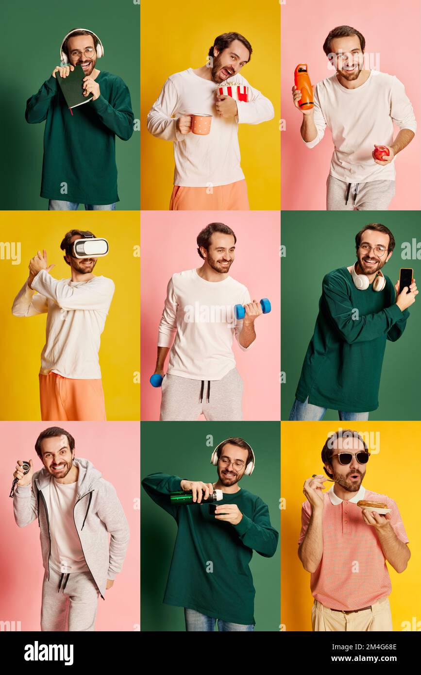 Collage. Portraits of young man in different fashion style costumes ...