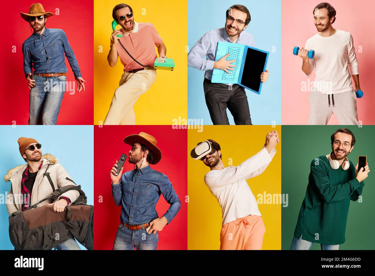 Collage. Portraits of young man in different fashion style costumes ...