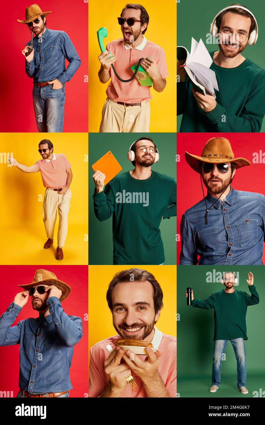 Collage. Portraits of young man in different fashion style costumes ...